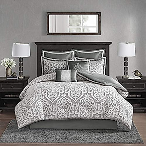 Madison Park Odette Cozy Comforter Set Jacquard Damask Medallion Design - Modern All Season, Down Alternative Bedding, Shams, Decorative Pillows, Queen(90 in x 90 in), Silver 8 Piece