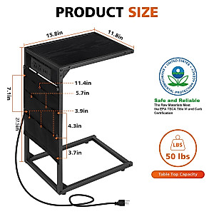 Set of 2 C Shaped End Table with Charging Station, Snack Side Table, C Tables for Couch, Couch Tables That Slide Under, for Living Room, Bedroom, Black