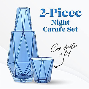 Modern Geometric Bedside Carafe | 2-Piece Set - Bedside Water Carafe | Glass Carafe with Cup that Doubles as Lid | Bedside Water Carafe and Glass Set in Blue (37oz)