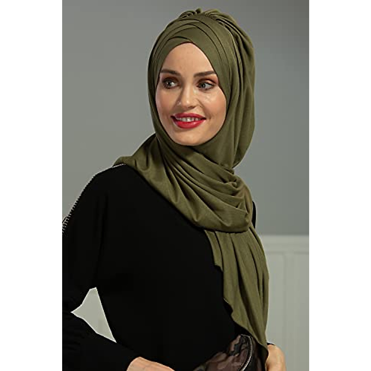 Aisha's Design Instant Hijab for Women Muslim, Presewn 95% Cotton Jersey Turban, Ready to Wear Scarf, Army Green