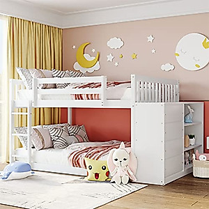 Full Over Full Bunk Bed with Storage Drawers and Shelves Wood Floor Bunk Beds with Cabinet for Kids Girls Boys, Teens, Adults, White