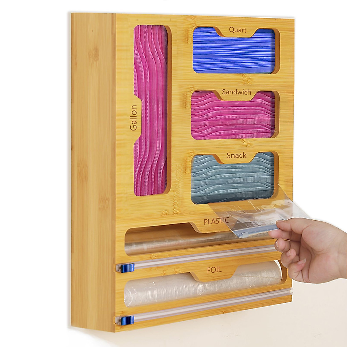 HILELIFE Bamboo Ziplock Bag Organizer for Drawer, Foil and Plastic Wrap Organizer, 6 In 1 Plastic Bag Organizer for Drawer, Baggie Organizer for Drawer