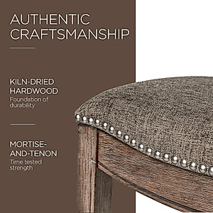 Maven Lane Adrien 31 Inch Bar Height Upholstered Backless Saddle Barstool in Dark Walnut Finish with Ash Grey Fabric Cushion Seat