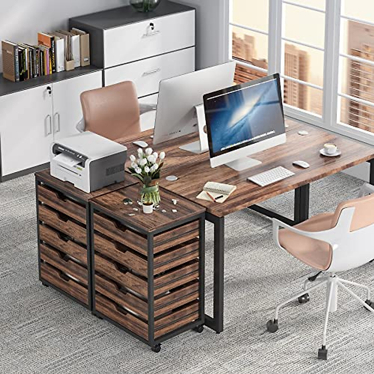 Tribesigns 5 Drawer Chest, Wood Storage Dresser Cabinet with Wheels, Industrial Storage Drawer Organizer Cart for Office Bedroom Entryway (Rustic Brown, 1 PC)