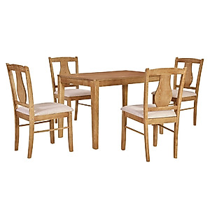 SIYSNKSI 5-Piece Farmhouse Kitchen Dining Table Set, Wooden Rectangular Dining Table with 4 Upholstered Chairs, Kitchen Furniture Set for Dining Room (Natural Wood 077)