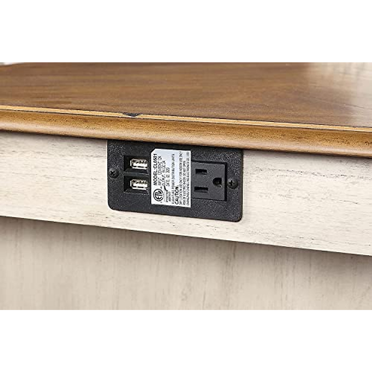 New Classic Furniture Amy Farmhouse Kitchen Counter Island Dining Table for 4 with Storage Shelf & USB Chargers, Two Tone Vintage White/Brown