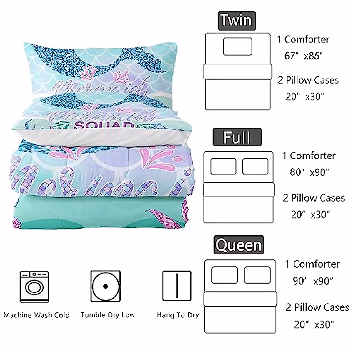 KTAbedding Mermaid Tail Comforter Sets Twin size Bedding Sets for Girls Teens Kids Teal,Easy Care,Cozy Lightweight,1 Comforter&2 Pillowcases Bed-in-a-Bag 3 pieces