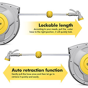BLUBERY 5/8" x 100+6.7ft Retractable Garden Hose Reel with Slow Return System, Heavy-Duty Wall-Mounted 39.3LB, 10" Handle, 180° Swivel Bracket, Any Length Lock
