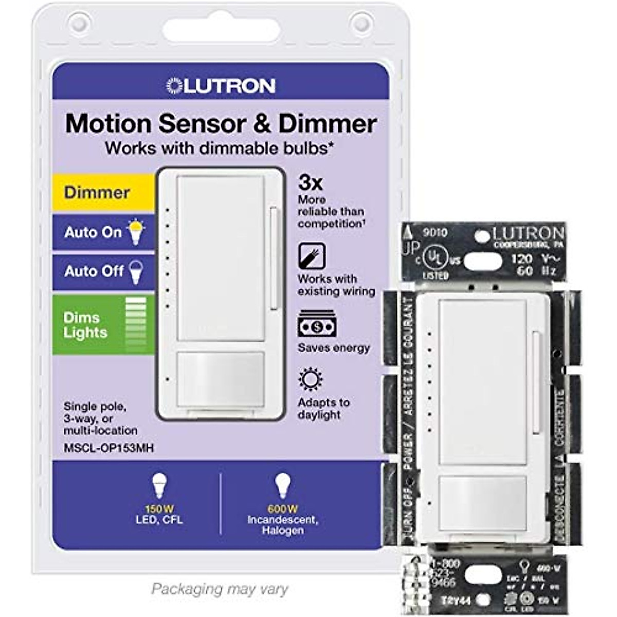Lutron Maestro LED+ Motion Sensor Dimmer Switch | No Neutral Required | MSCL-OP153M-WH | White
