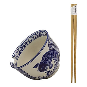 Ebros Ming Style Zen Blue White Koi Fishes By Waterfall Ramen Udong Noodles 5" Diameter Bowl With Built In Chopsticks Rest and Bamboo Chopstick Set for Dining Soup Rice Meal Cereal Bowls Decor Kitchen