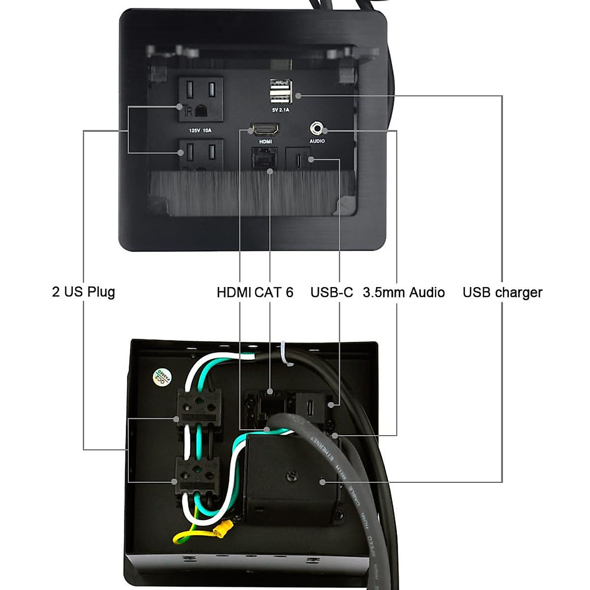 Tabletop Brush Flip Connectivity Box with 2 AC Power + 2 USB Charger + HDMI + 1 3.5mm Audio + USB-C Data + RJ45(cat6) for Conference Room (Black)