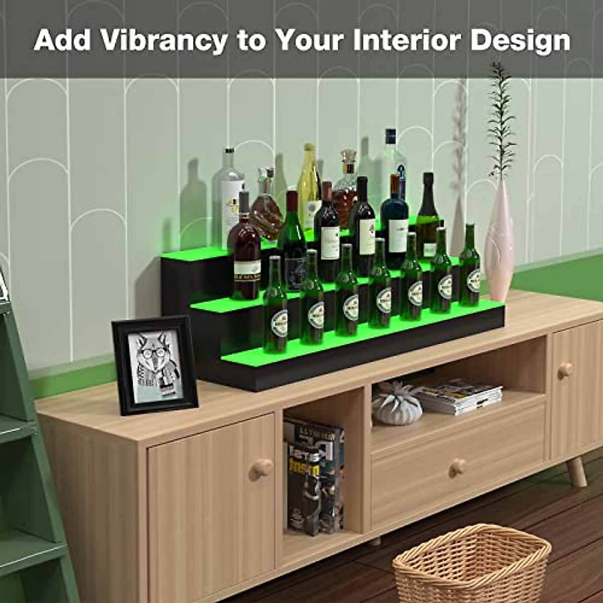 HIGOSPRO LED Liquor Bottle Display Shelf, 40 inch 3-Step Lighted Acrylic Lighted Bar Shelf for Home, Commercial Bar, Acrylic Lighted Bottle Display Stand with RF Remote