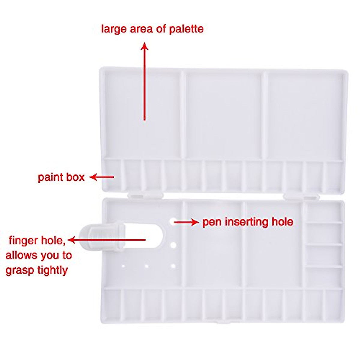 Watercolor Palette Folding Paint Tray Plastic Painting Pallet with 33 Compartments, Thumbhole and Brush Holders, White