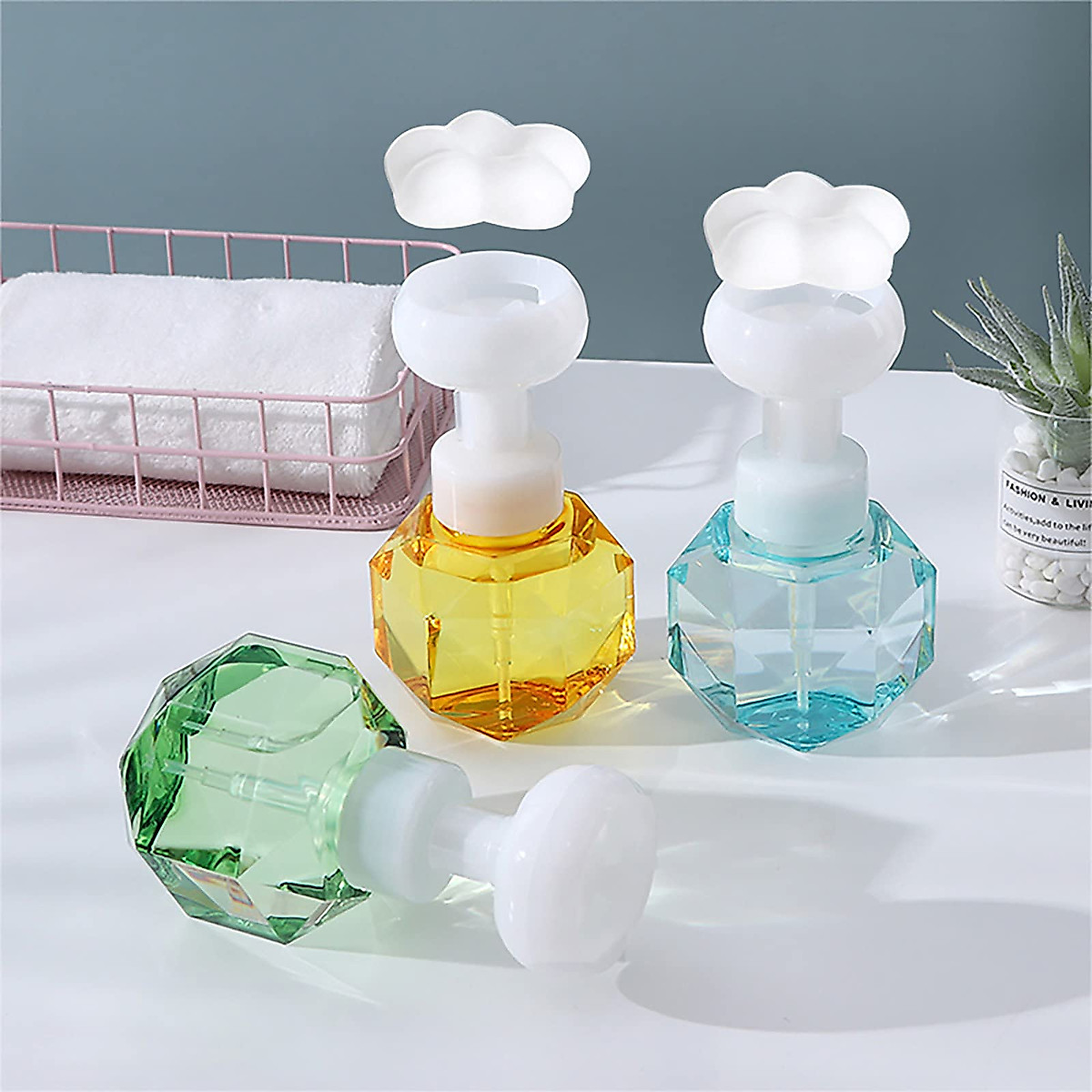 RONRONS 2 Pieces 300ml Flower Shape Foam Bottle Dispenser Empty Foaming Hand Soap Pump Bottles Plastic Refillable Cosmetic Containers Facial Cleanser Shampoo Shower Tube Packaging Holder, 10.14oz
