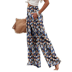Batehif Womens Palazzo Pants Casual Linen Wide Leg Lounge Pant Elastic High Waisted Long Trousers