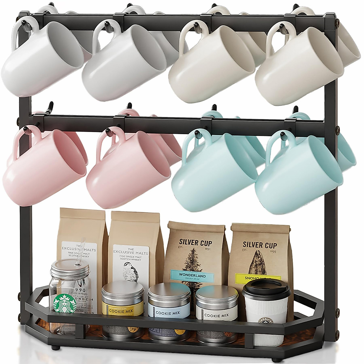 Ronjnndc Coffee Mug Holder with Movable Hooks,16 Capacity Coffee Cup Holder for Countertop, Metal Mug Tree Holder Rack with Storage Base,Home Storage Mug Organizer adjustable Heights (Black)