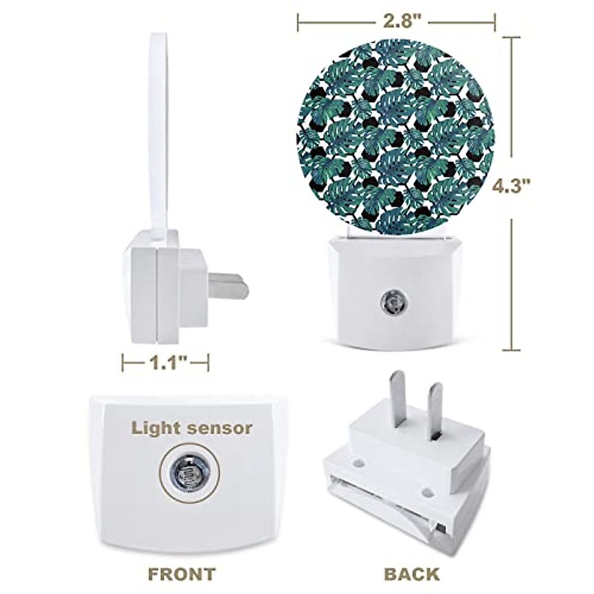 ILYBEEN Summer Monstera Tropical Leaves LED Night Lights Plug-in Nightlight with Auto Dusk to Dawn Sensor, Hexagon Texture Round Lamp for Bedroom,Hallway,Bathroom