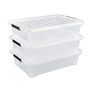 Morcte 40 Quart Plastic Underbed Storage Boxes, Clear Under Bed Plastic Storage Bin with Wheel, 3 Pack