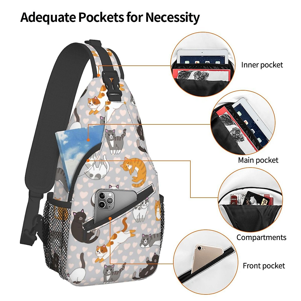 VOOHDDY Cute Cat Kitten Sling Bag For Women Men Fun Animal Travel Hiking Backpack Crossbody Shoulder Chest Bags Casual Daypack Sport