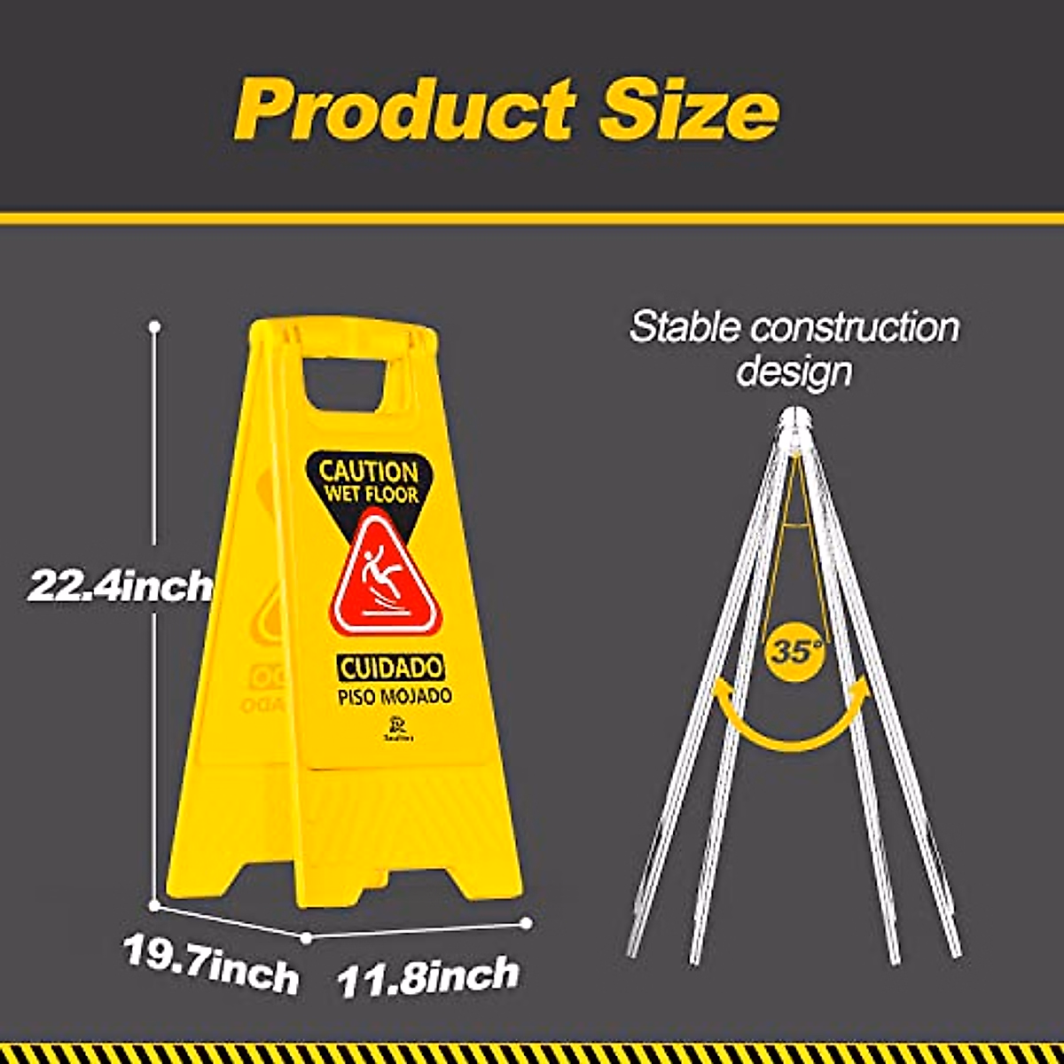 RoadHero 2 Pack Wet Floor Sign, 2-Sided Yellow Caution Signs, Bilingual Collapsible Warning Signs for Commercial Use 24"