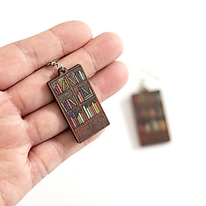 twinkle eye Double Sided Bookcase Wooden Earrings, Bookcase Dangle Earrings With Book Shelves Patterned Pendant Earrings, Gifts For The Beginning Of School Season