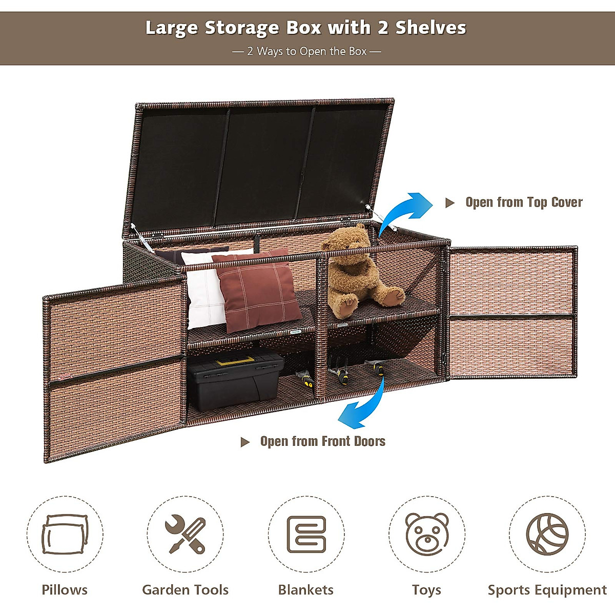 RELAX4LIFE PE Wicker Storage Box - Outdoor 88 Gallon 2-Tier Deck Box for Patio Furniture Toys Storage w/ Lid & Front Doors, All Weather Rattan Storage Bin for Backyard Garden Poolside Porch (Brown)