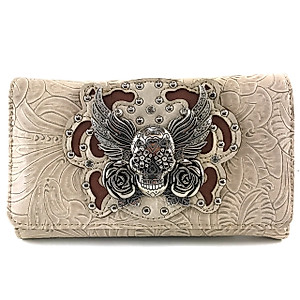 Justin West Tooled Winged Sugar Skull Roses Laser Cut Wristlet Trifold Wallet Attachable Long Strap (Silver)