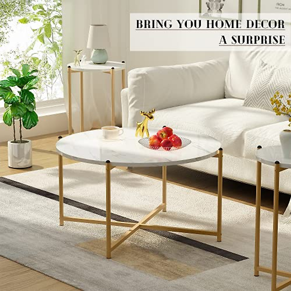 DKLGG Coffee Table Set of 3, Modern Round Coffee Table & 2pcs End Table Faux Marble Tabletop with Gold Cross Base Frame, Modern Living Room Table Sets for Apartment, Small Space (Gold)