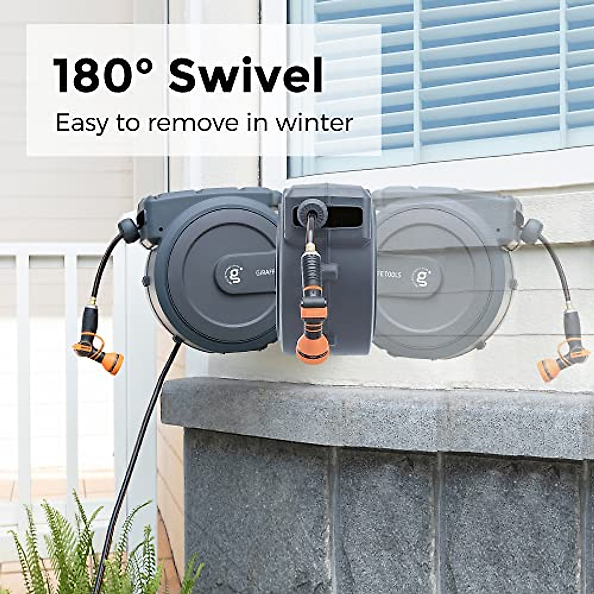 Giraffe Tools AW25 Wall Mounted Hose Reel Retractable 1/2" 78 ft Heavy Duty, Slow Rewind System, Any Length Lock, 9 Pattern Nozzle, Swivel Bracket, 78ft, Dark Grey