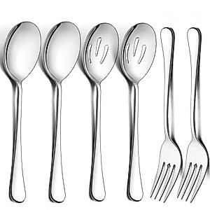 LIANYU Large Serving Spoons and Forks Set of 12, Stainless Steel Buffet Catering Dinner Party Slotted Serving Spoon Fork, 9.8 Inch, Mirror Finished, Dishwasher Safe