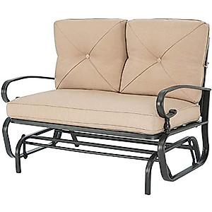 Patiomore Outdoor Loveseat Patio Swing Glider Bench 2 Seats Rocking Chair, Wrought Iron Chair Set with Brown Cushion