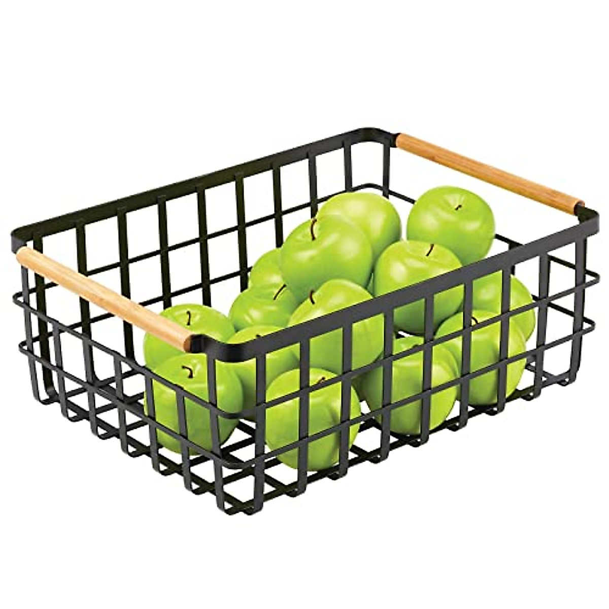 mDesign Metal Wire Storage Organizer Basket with Bamboo Wood Handles for Kitchen Pantry, Rustic Farmhouse Bin to Store Fruit, Coffee, Spices, Supplies, Yami Collection, 2 Pack, Matte Black/Natural/Tan