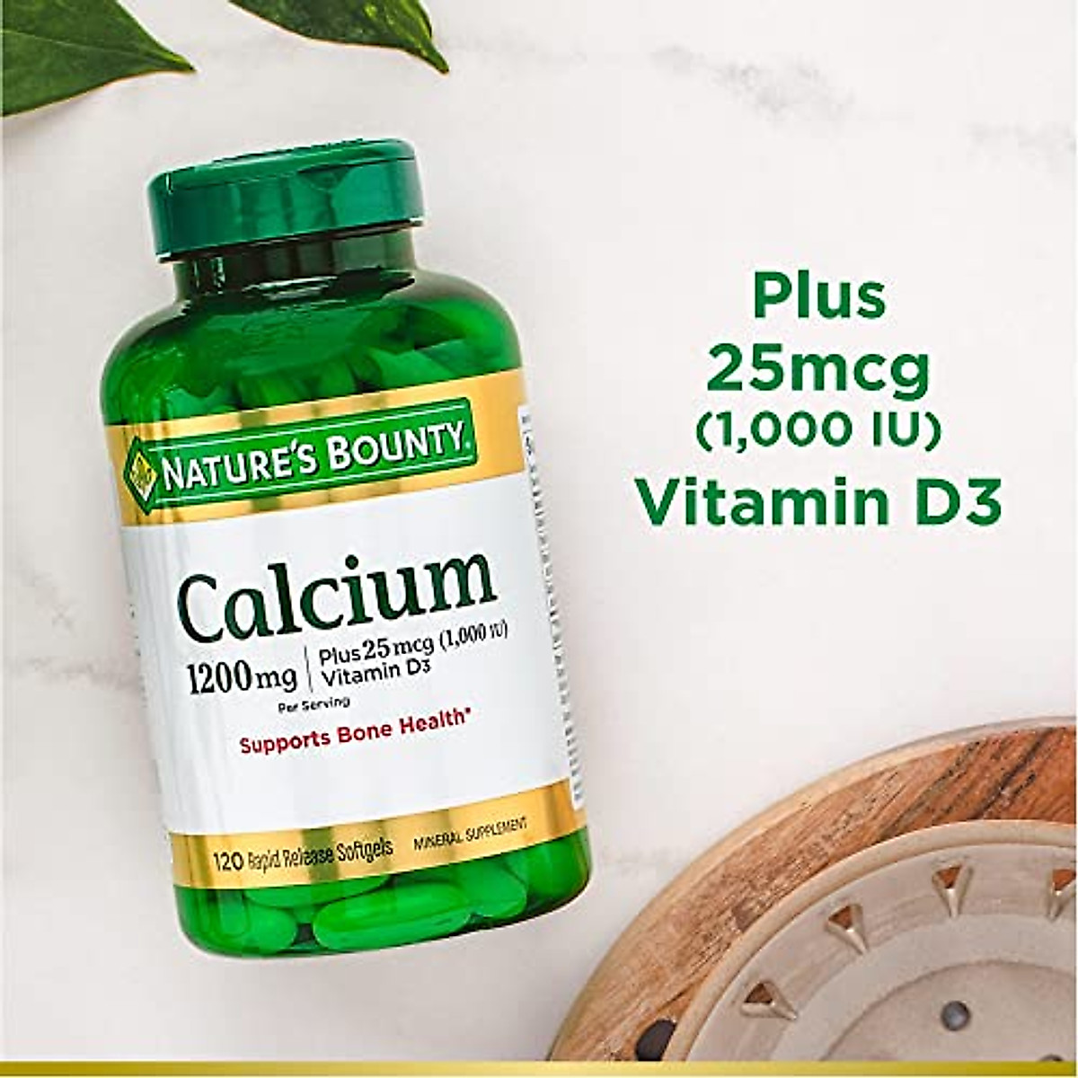 Calcium Carbonate & Vitamin D by Nature's Bounty, Supports Immune Health & Bone Health, 1200mg Calcium & 1000IU Vitamin D3, 120 Softgels