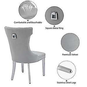 adochr Modern Velvet Dining Chairs Set of 4, Upholstered Dining Chair with Stainless Steel Metal Legs, Chairs Button Tufted Back, Grey
