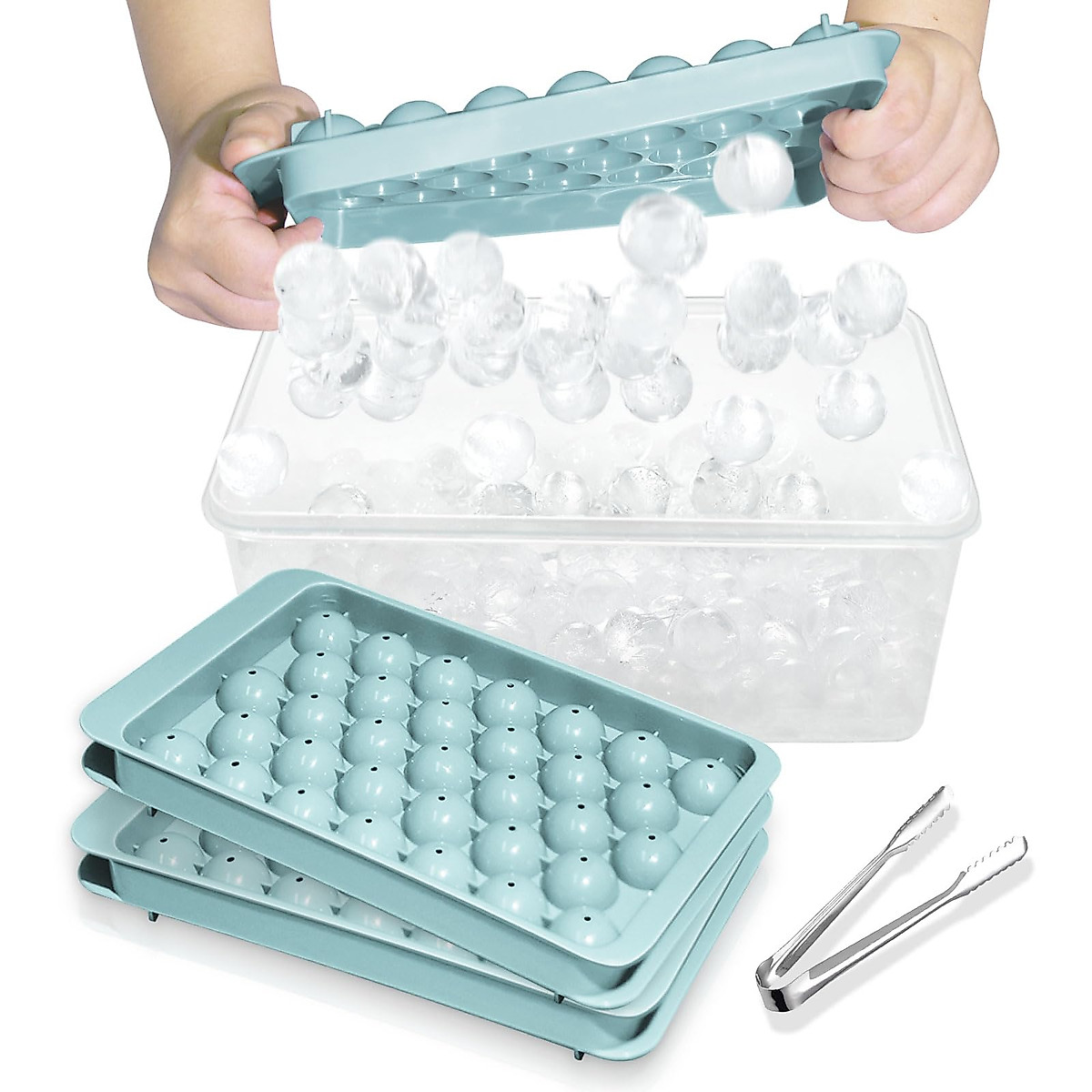 Miaowoof Mini Ice Cube Tray Balls,Round Ice Ball Maker Mold for Freezer,Sphere Ice Cube Tray Making 1In X 99PCS Ice Chilling Cocktail Whiskey Tea Coffee(3Pack Blue Ice trays & Ice Bin & Ice tong)