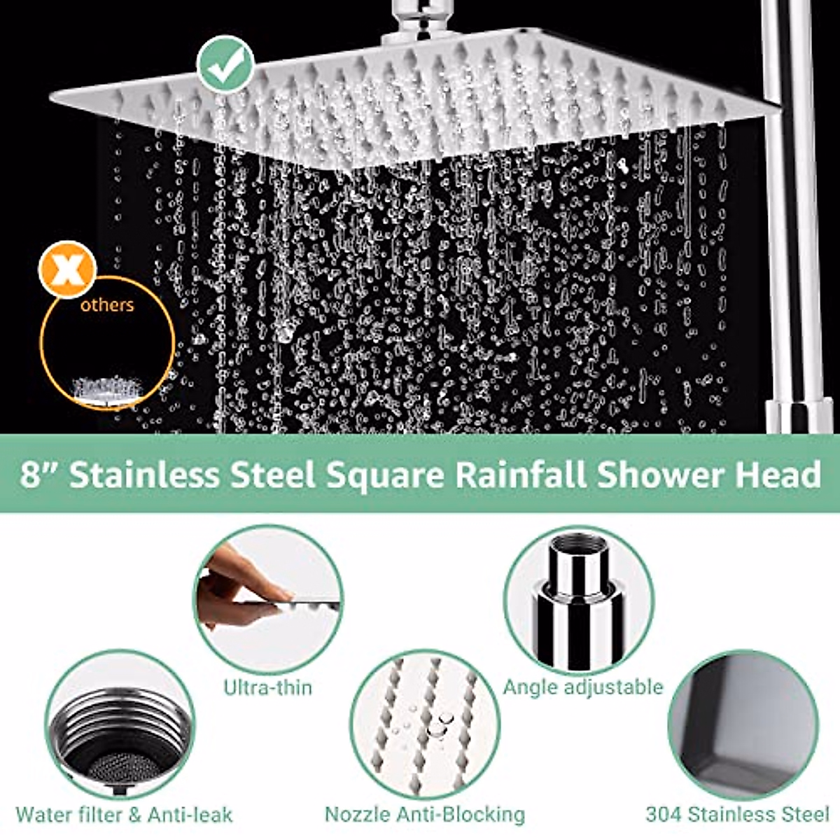 COSYLAND 8'' Rainfall Shower Head with Handheld Combo High Pressure 12 Settings Stainless Steel with Chrome Finish Bath Showerhead, Height/Angle Adjustable,Chrome