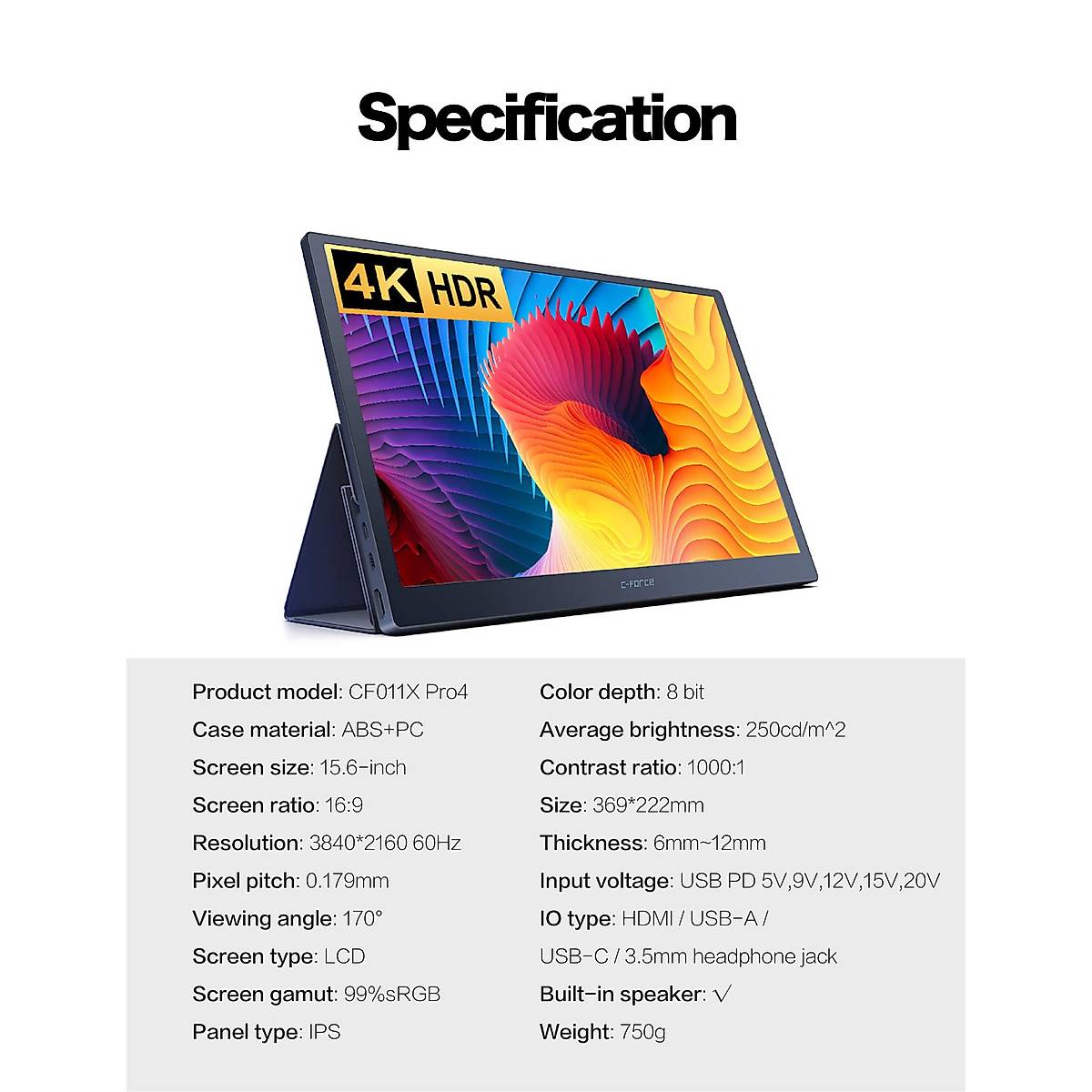 C-FORCE Display CF011X Pro4 15.6-inch UHD 4K IPS 8 bit USB-C HDMI 3840x2160 Screen 60Hz with USB-C RadomPlug Monitor for Xbox, Playstation, Nintendo Switch, Mac, S20