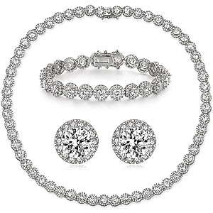 Gemsme 18K White Gold Plated Cubic Zirconia Tennis Necklace/Bracelet/Stud Earrings Set for Women Men Hypoallergenic Silver Halo Jewelry Pack of 3