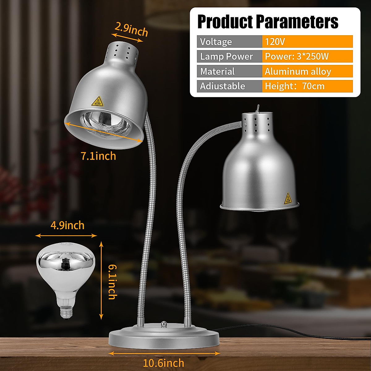 FRYPLS Food Heat Lamp,500W Commercial Grade Adjustable 2-Head Warmer Warming Light with 3- Bulbs,Stainless Free-Standing Catering Heating Lamp for Kitchen Cafeteria Restaurant Buffet