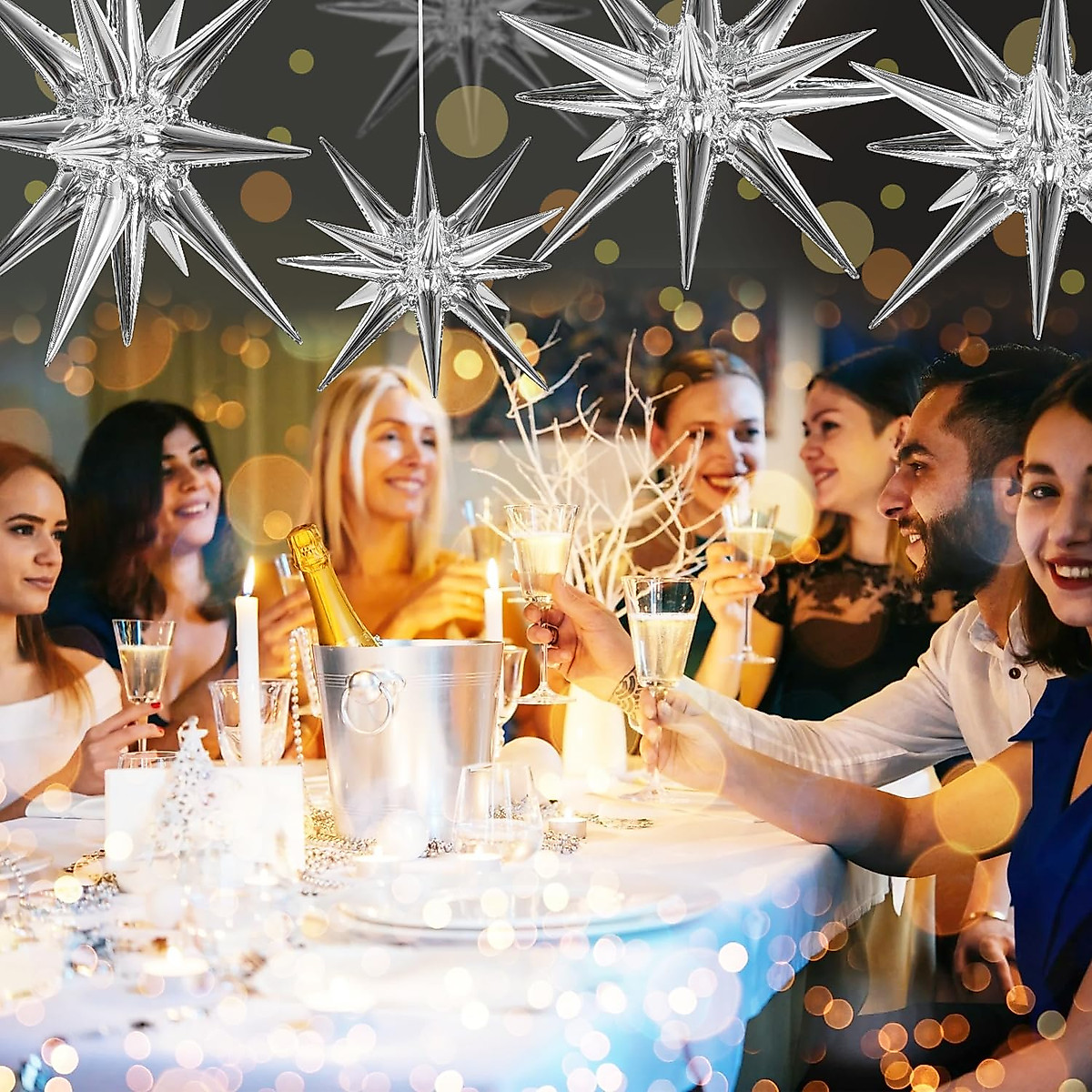 Toniful 4 Pcs 22inch 4D Silver Starburst Cone Mylar Balloons 14Point Star Balloons Explosion Star Foil Balloons for Party Supplies Backdrop Christmas,New Year,Birthday, Wedding,Photo Booth Ornament