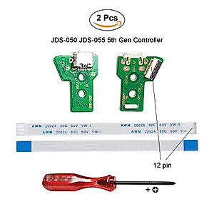 Rinbers® Pack of 2 JDS-050 JDS-055 Replacement Charging Port Micro USB Adaptor Charger Socket Circuit Board with 12 Pin Flex Cable for SONY PS4 5th Gen DualShock 4 Controller