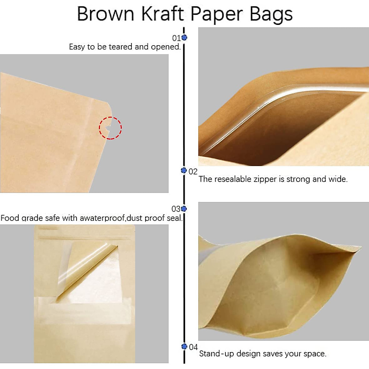 PQZKLDP 100pcs Assorted-Size Kraft Paper Bags with Matte Windows Reusable Smell Stand Up Pouches Bakery BagsFood Candy Coffee Tea Spice Sample Storage Sealable Bags for Small Business Packaging