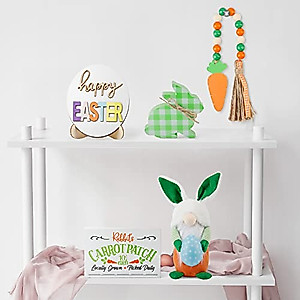AKEROCK Easter Tiered Tray Decor, Easter Table Decorations Set with Plush Gnome Bunny & 3 Farmhouse Wooden Signs & Wooden Bead Garland for Home Decor (Tray not Included)