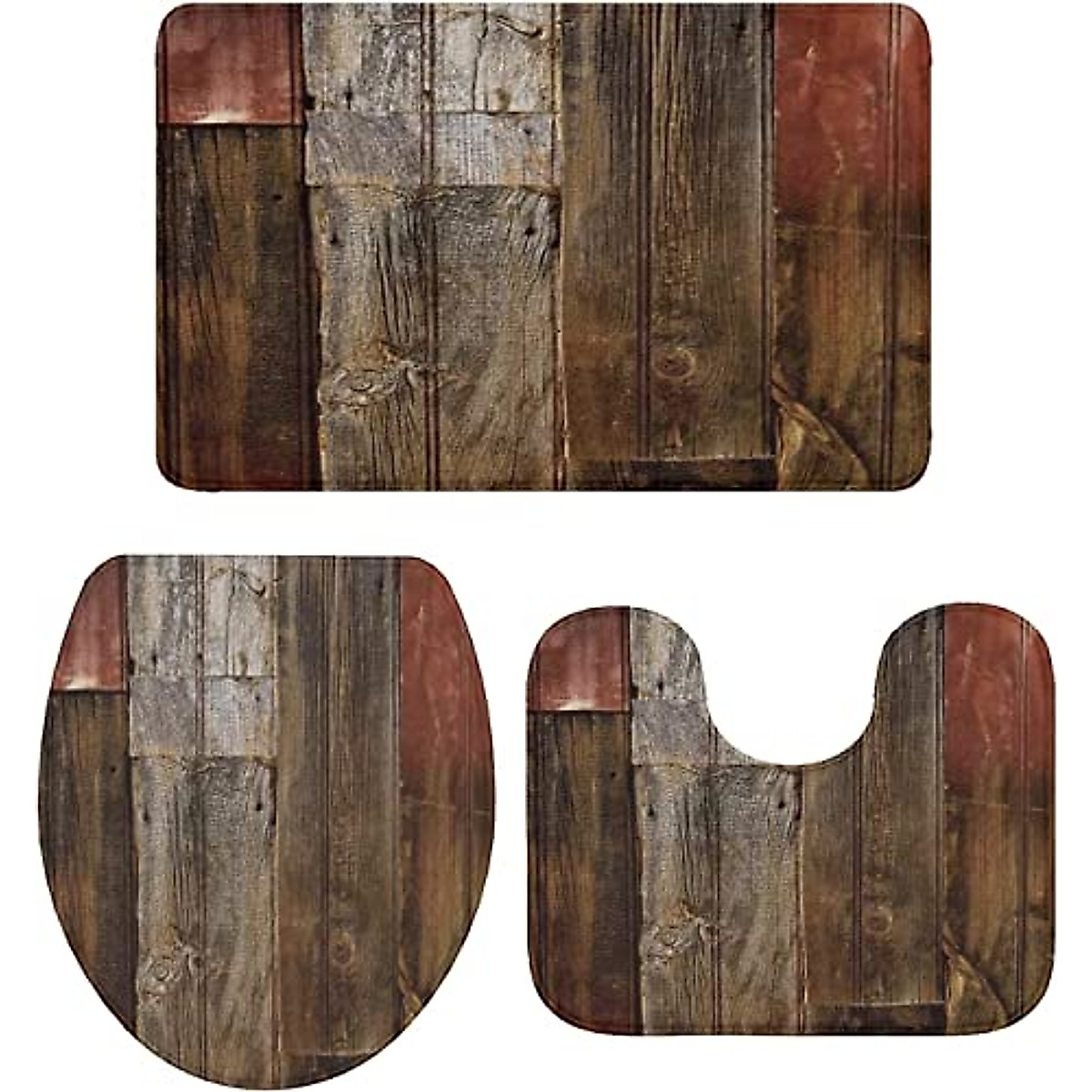 Apular Fashion 3 Piece Bath Rugs Set Brown Old Wooden Board Non Slip Ultra Soft Bathroom Accessories Mats, U Shape Mat and Toilet Lid Cover Mat Bath Mats