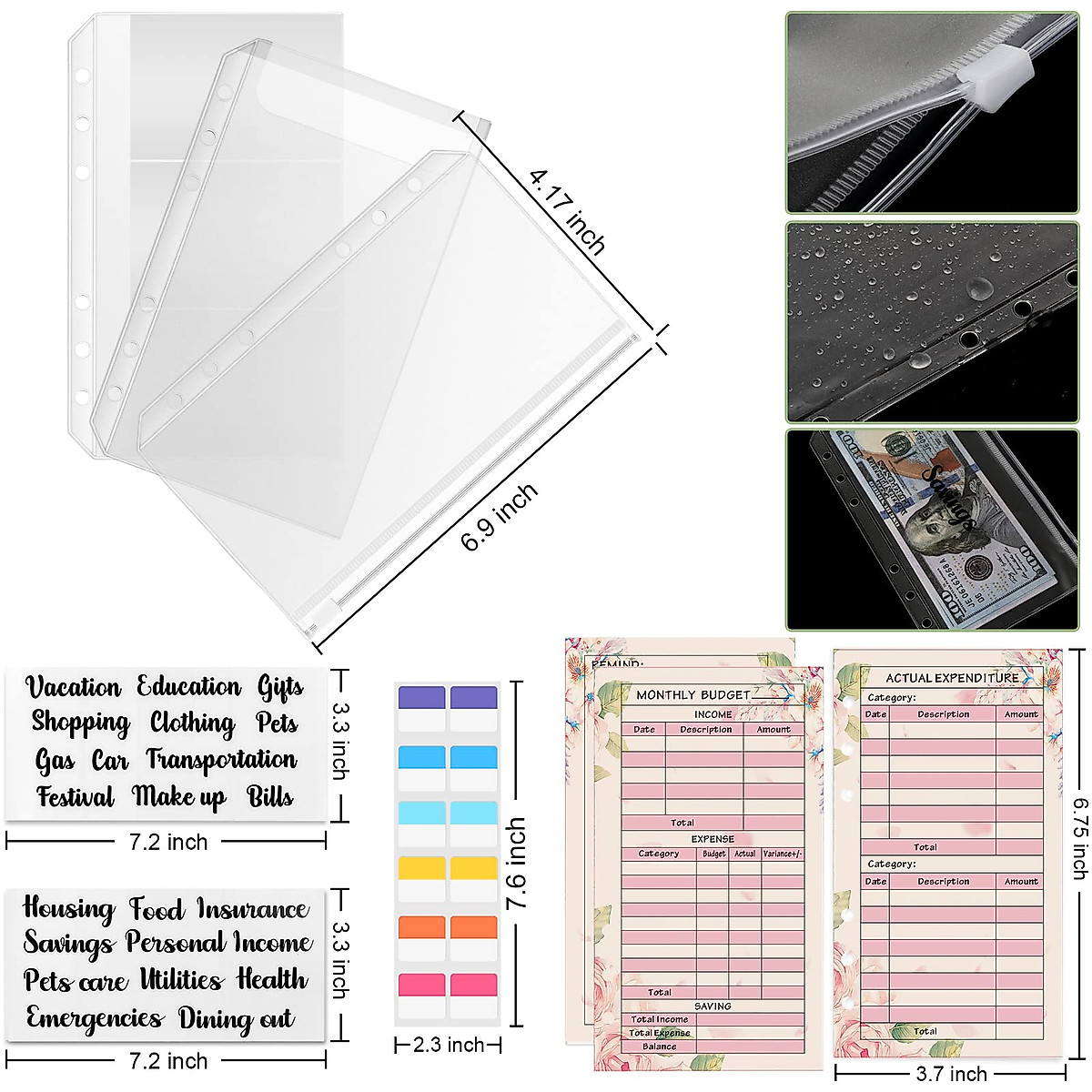 Budget Binder with Zipper Envelopes, Cash Envelopes for Budgeting with Planner A6 Binder & Calculator, Money Organizer for Cash and Card & Sticker Labels for Office School Home Shopping (Pink)