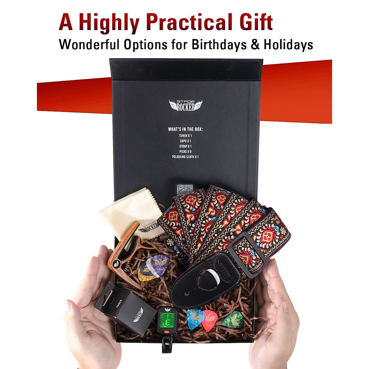 Stage Rocker Guitar Accessories Gift Box for Acoustic and Electric Guitars, Red Jacquard Weave Guitar Strap, Picks, Capo, Tuner, Cleaning Cloth, 5-in-1 Essential Gift