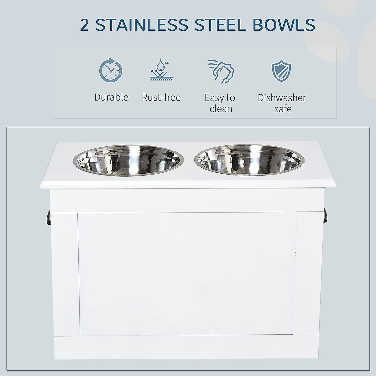 PawHut Raised Pet Feeding Storage Station with 2 Stainless Steel Bowls Base for Large Dogs and Other Large Pets, White