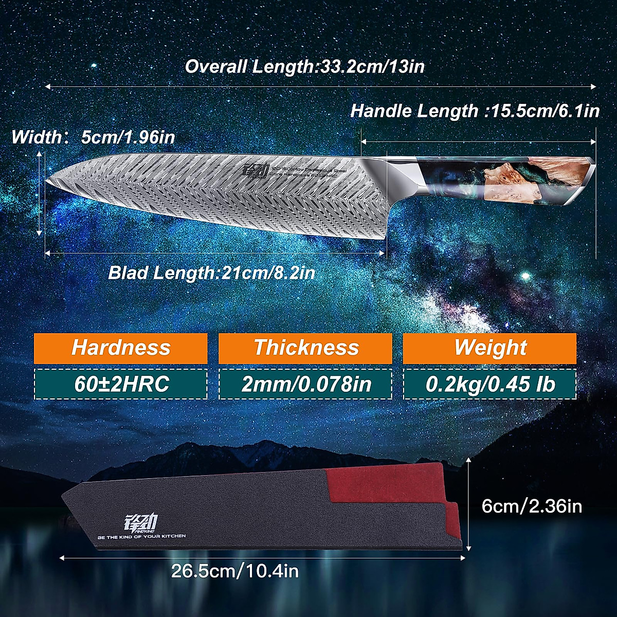 FINDKING Nebula Series Chef Knife with ABS Sheath, Multipurpose Japanese Gyuto Knife, 10Cr15CoMov Damascus Steel Blade, Resin and Figured Sycamore wood Handle, Full Tang, 8 Inch, Blue, for Meat