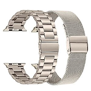 TRUMiRR Band Sets for Apple Watch Series 8 7 41mm Starlight Women, 2 Pack Solid Stainless Steel Watchband + Mesh Strap for iWatch SE Series 8 7 6 5 4 3 2 1 41mm 40mm 38mm