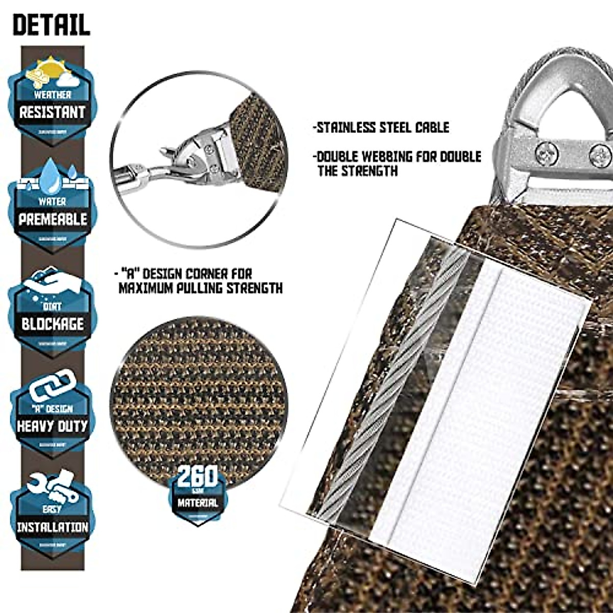 TANG Sunshades Depot A Ring Design Steel Cable Wire Reinforcement 24'x24'x24' Equilateral Triangle Sun Shade Sails Brown Heavy Duty Permeable 260GSM U*V Block Patio Garden Deck Dock Carport Cover